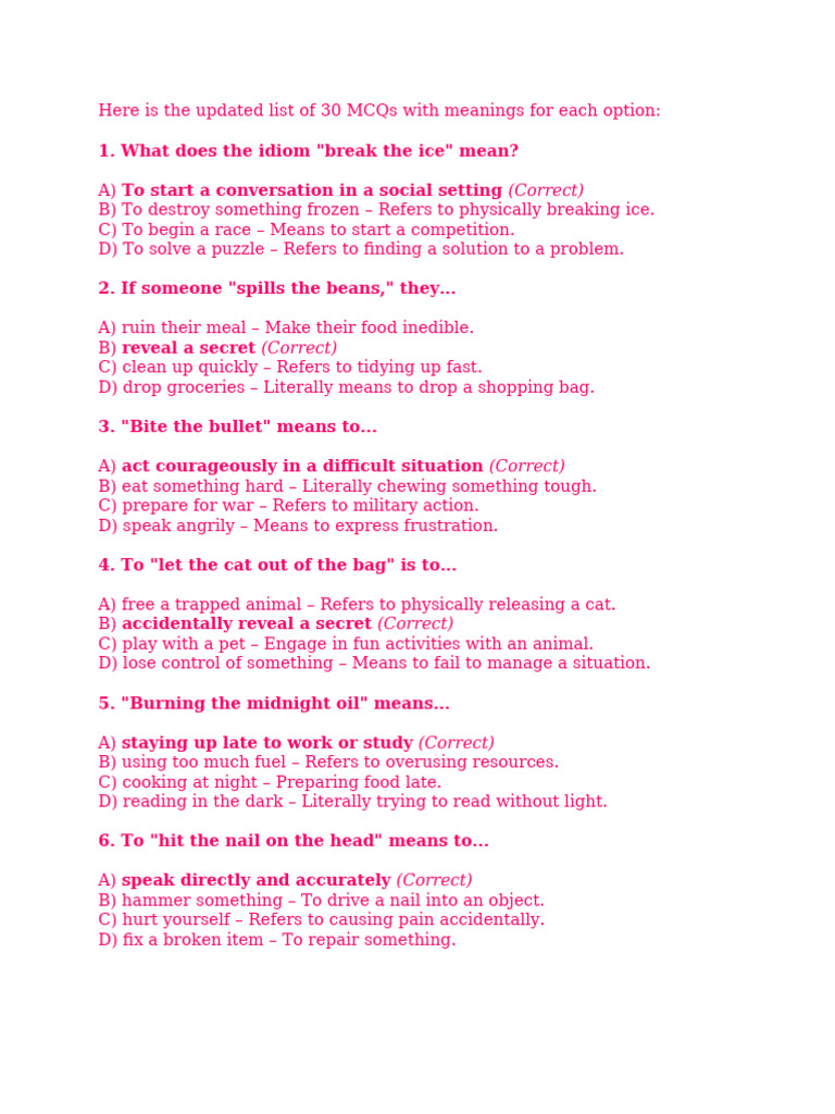 Here Is The Updated List of 30 MCQs With Meanings For Each Option | PDF