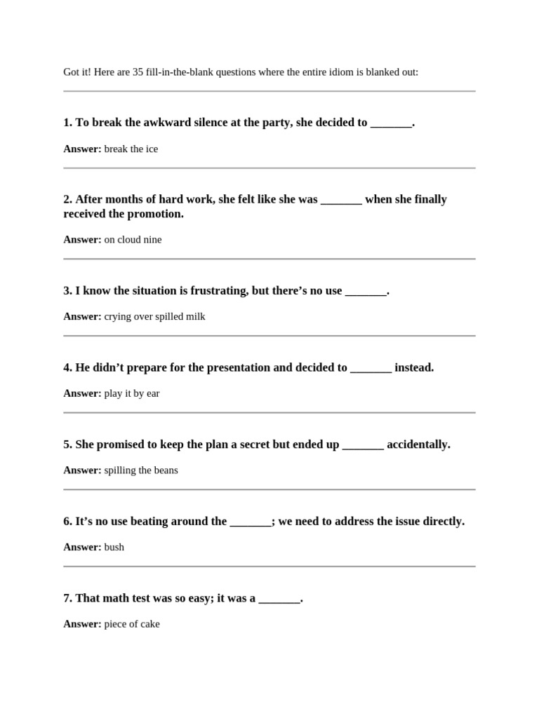 Idioms - Fill in The Blanks (A) | PDF | Teaching Methods & Materials