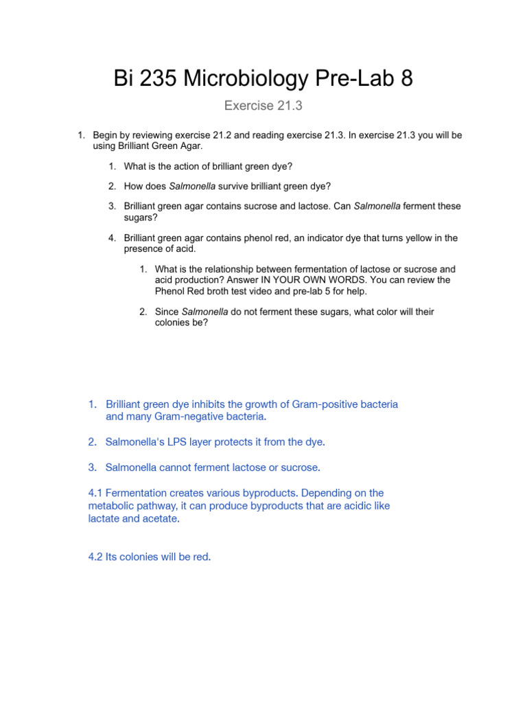 Microbiology Pre-Lab: Brilliant Green Agar | PDF