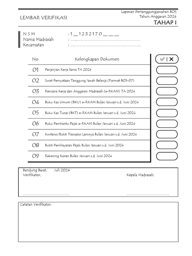 Lembar Ceklis Verifikasi LPJ BOS Tahap I 2024 | PDF
