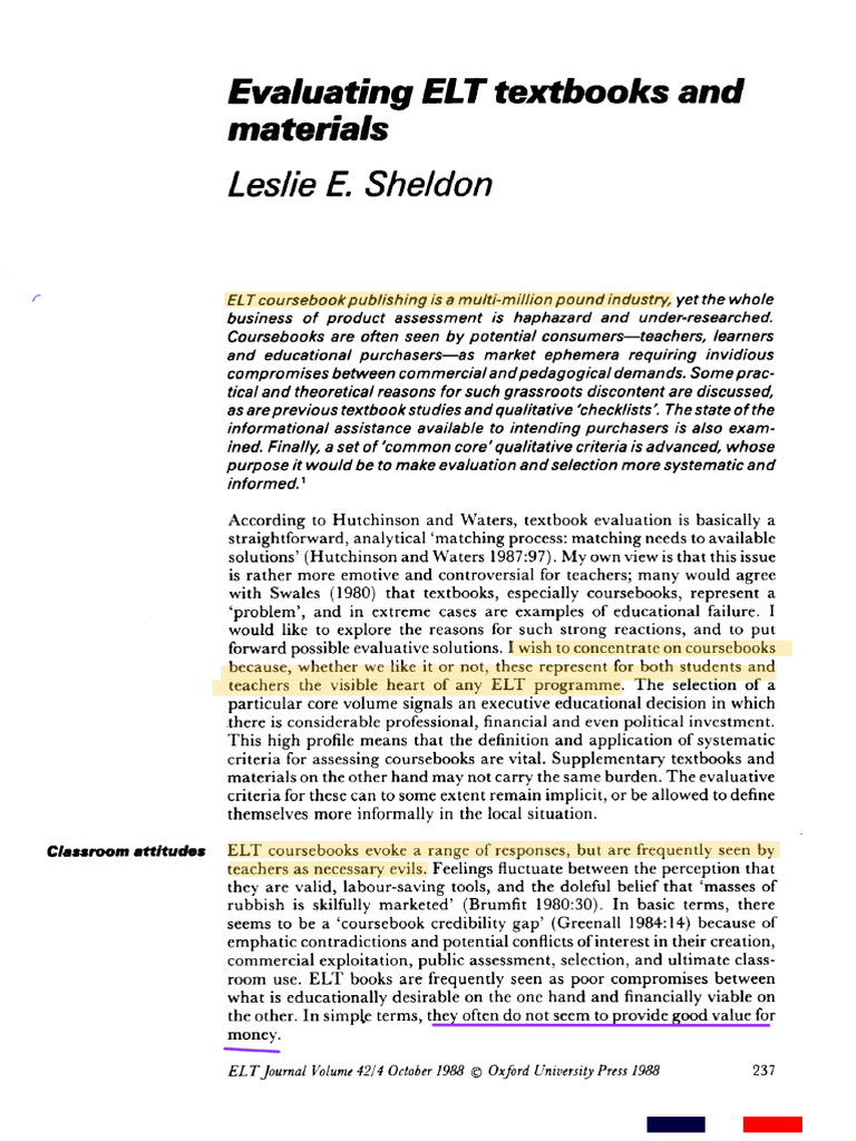 Session 12. Sheldon, L. E. (1988) - Evaluating ELT Textbooks and Materials. ELT Journal, 42 (4 ...
