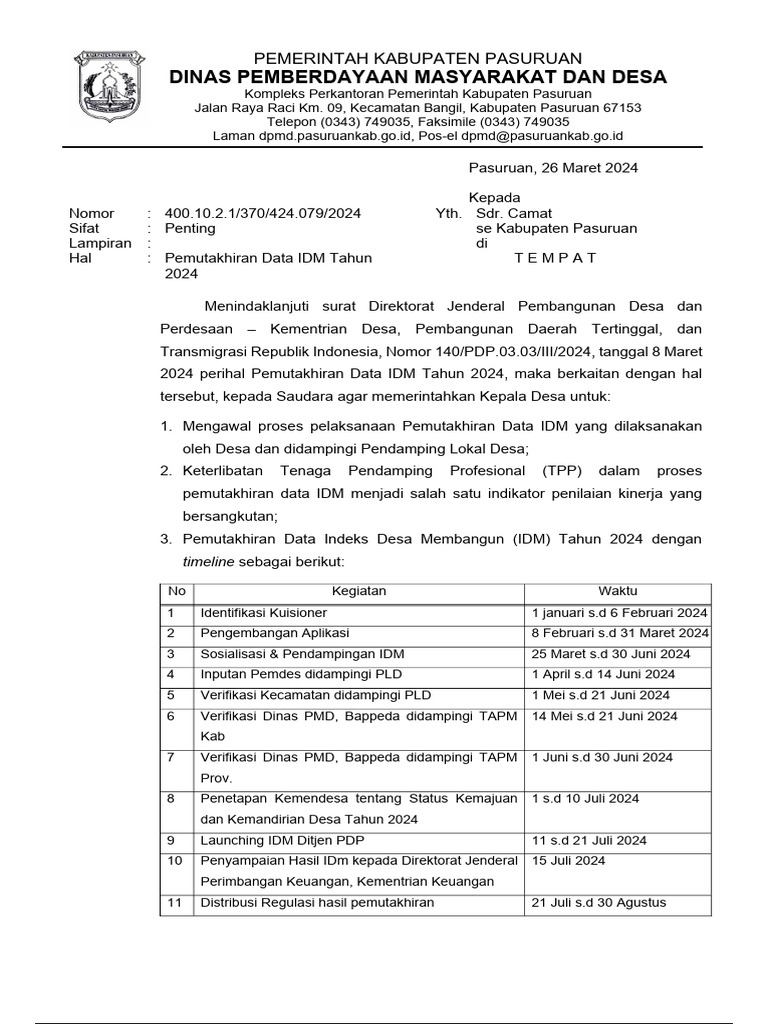 Surat Pemutakhiran IDM Tahun 2024 | PDF