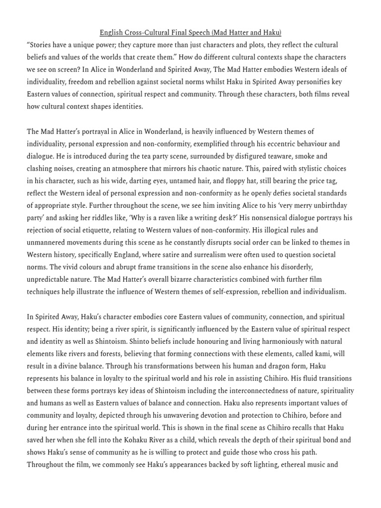 English Cross-Cultural Speech (Mad Hatter and Haku) | PDF