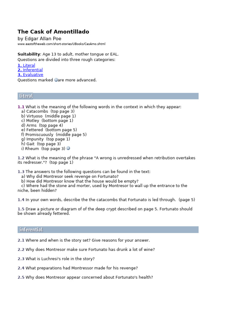 Study Guide for "The Cask of Amontillado" | PDF | Young Adult | General ...
