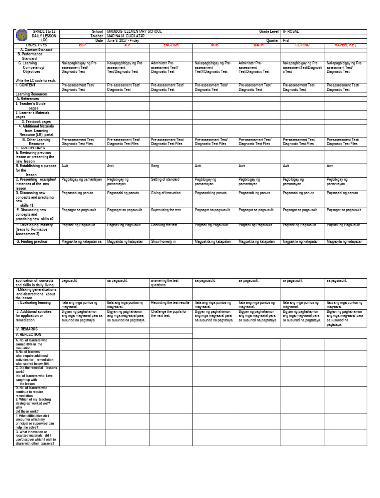 2017 Grade 2 K-12 DLL All Subjects Week 1 Day 5 | PDF