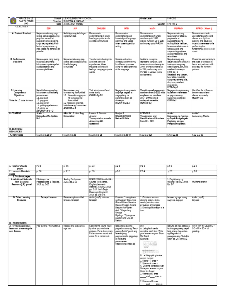2017 Grade 2 K-12 DLL All Subjects Week 1 Day 1 | PDF | Linguistics