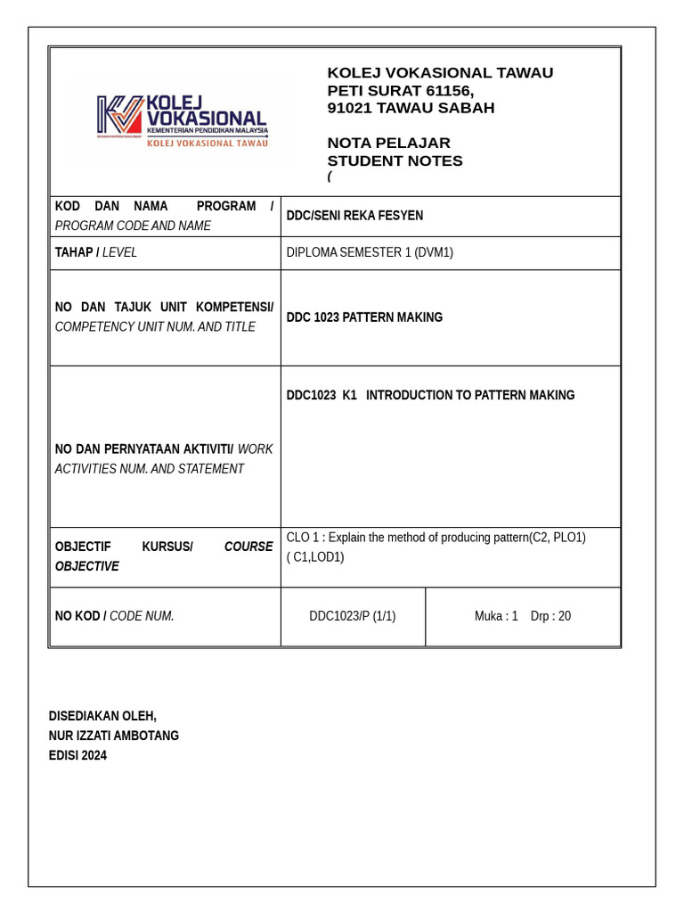 Student Notes Ddc1023 Pattern Making. | PDF