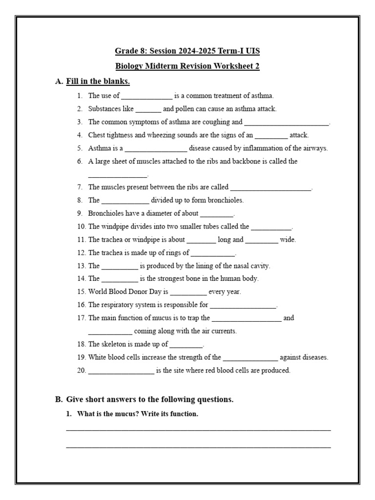 Grade 8 Revision Worksheet2 MT | PDF | Asthma | Diseases And Disorders