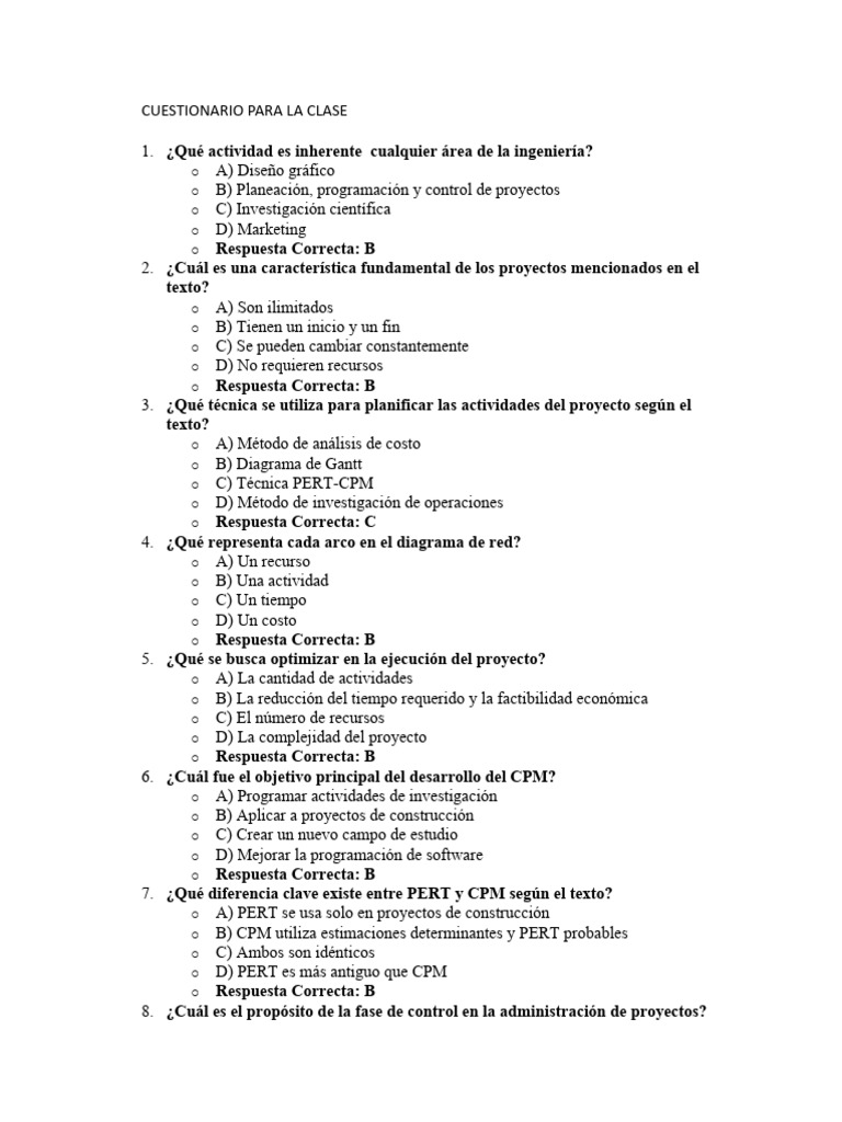 Cuestionario para La Clase | PDF | Gestión de proyectos | Informática