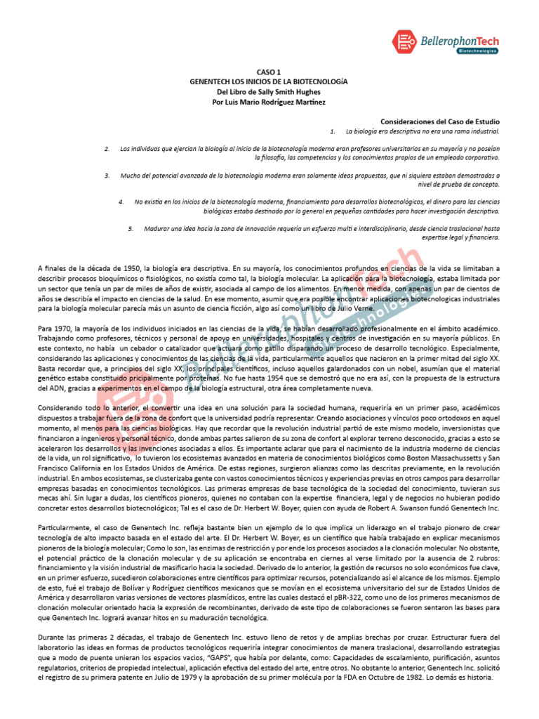 C001 Caso 1 GENENTECH LOS INICIOS DE LA BIOTECNOLOGIA | PDF | Biotecnología | Biología