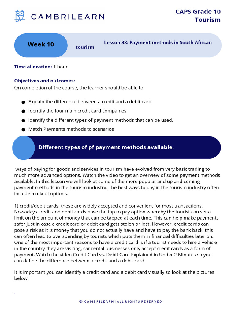 Payment Methods in Tourism for Grade 10 | PDF | Credit Card | Payments