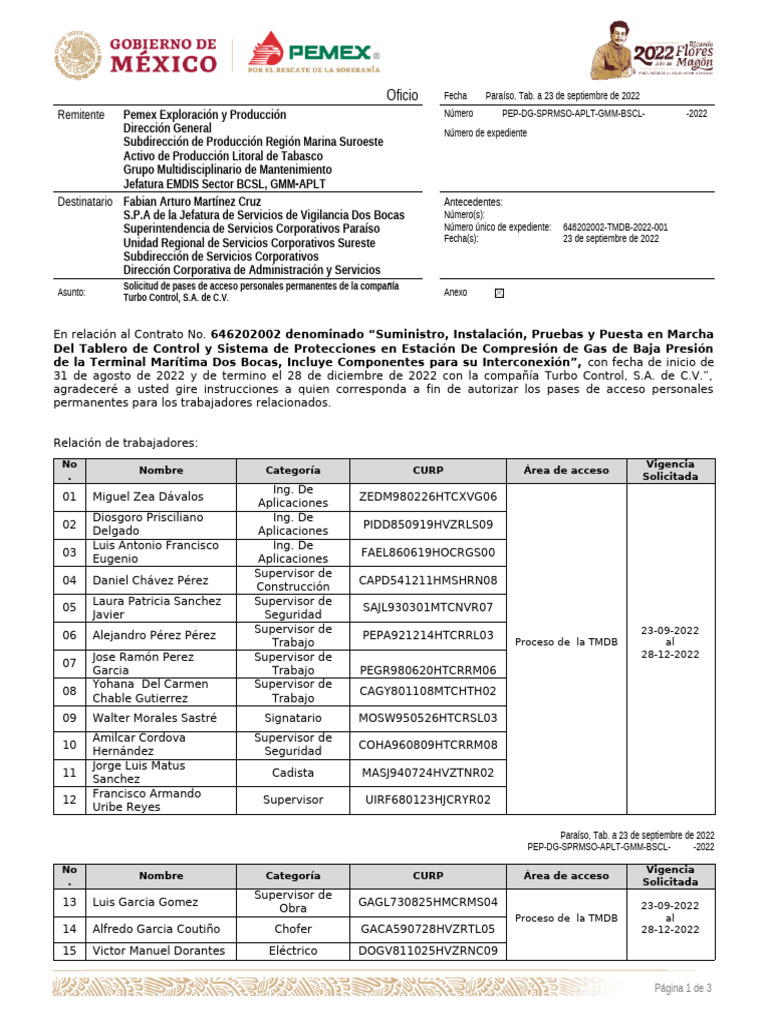 Oficio Pemex Acceso de Personal 22-09-2022 | PDF