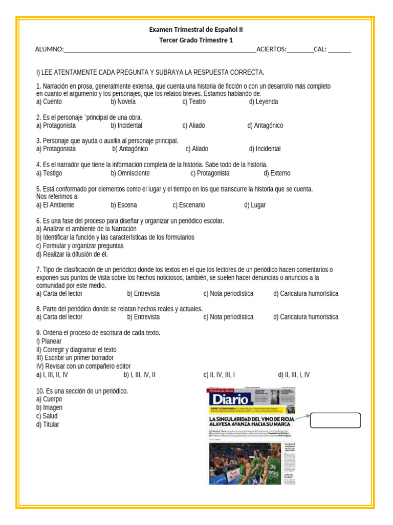 Examen Trimestral Español II 3er Grado | PDF | Narración