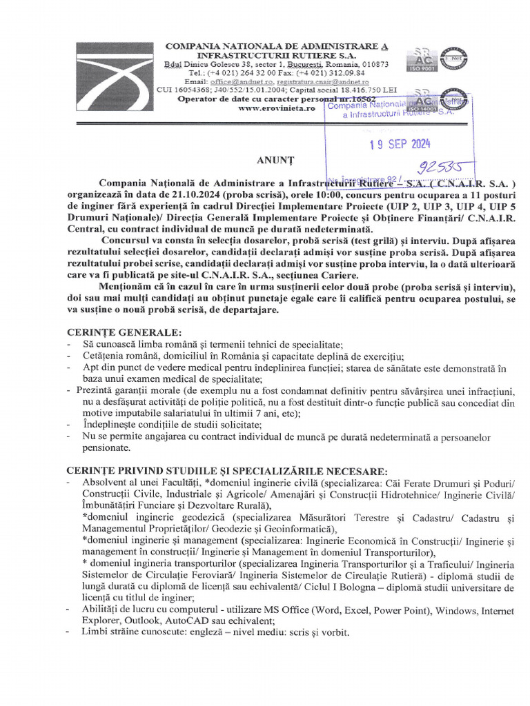 Anunt Concurs 11 Posturi Ing DIP | PDF