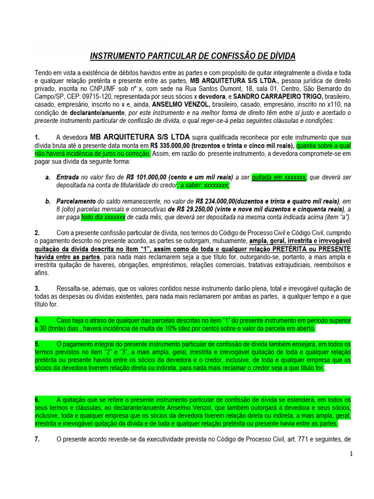 Confissão de Dívida MB Arquitetura R$335k | PDF