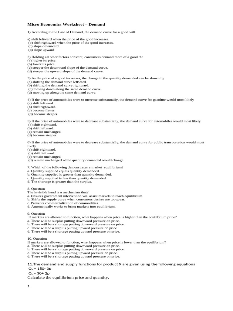 Micro Economics Worksheet Demand Lower Sixth | PDF | Demand Curve ...