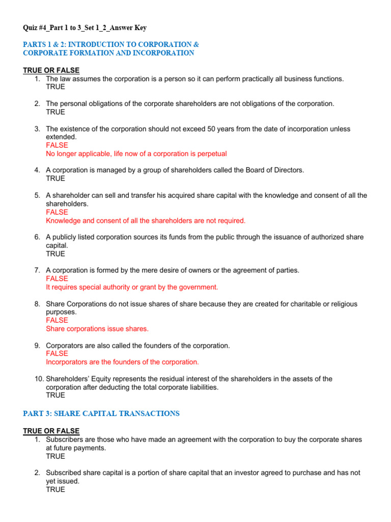 Corporate Formation Quiz Answer Key | PDF | Equity (Finance) | Corporations
