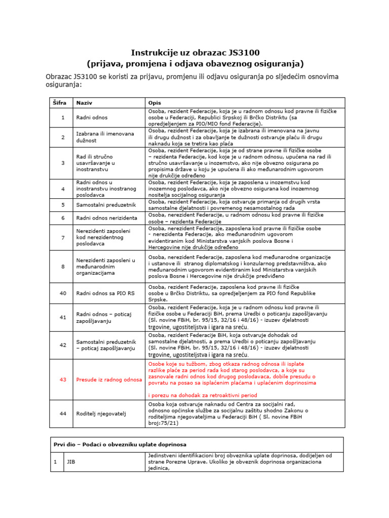 Instrukcije Za Popunjavanje obrascaJS3100N | PDF