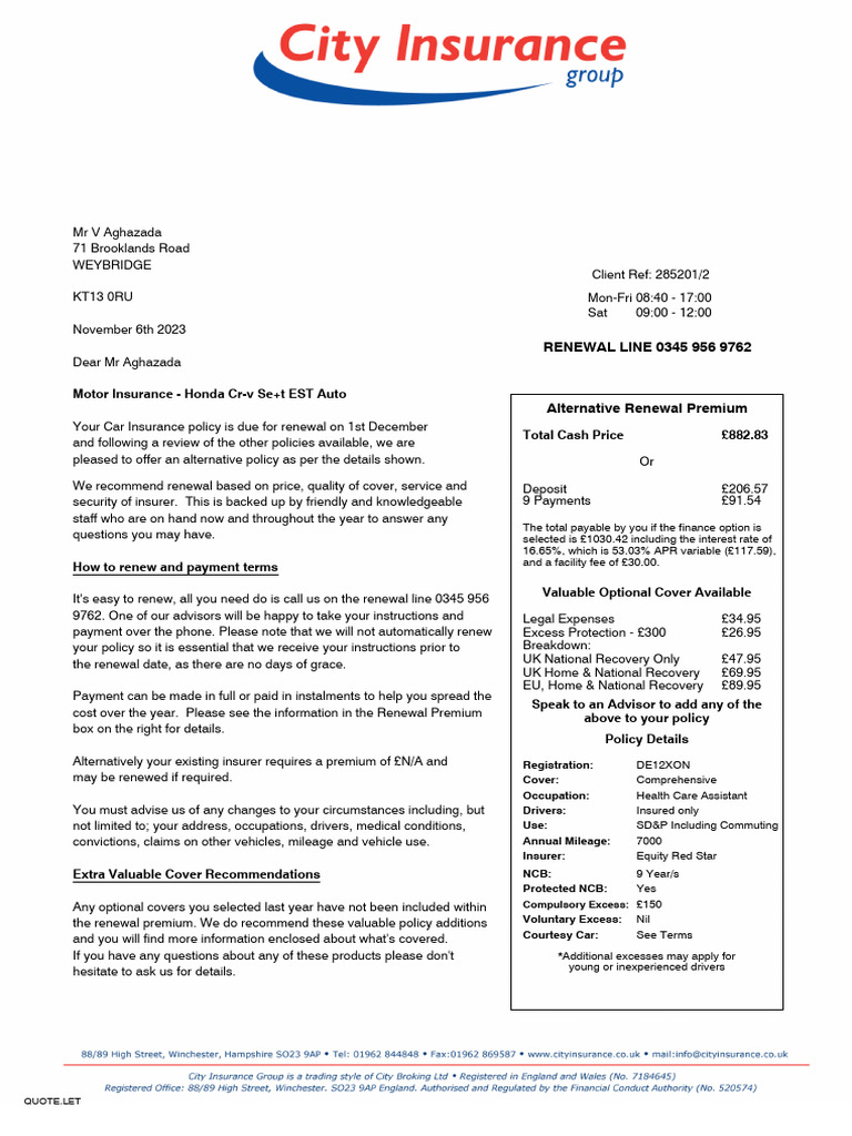 Motor Insurance Renewal Quote Details | PDF | Insurance | Legal Liability