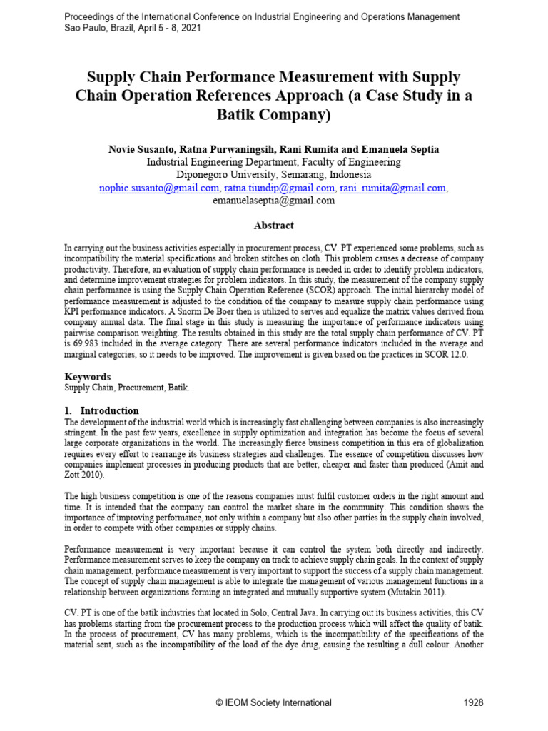 Supply Chain Performance Measurement With Supply Chain Operation References Approach (A Case ...
