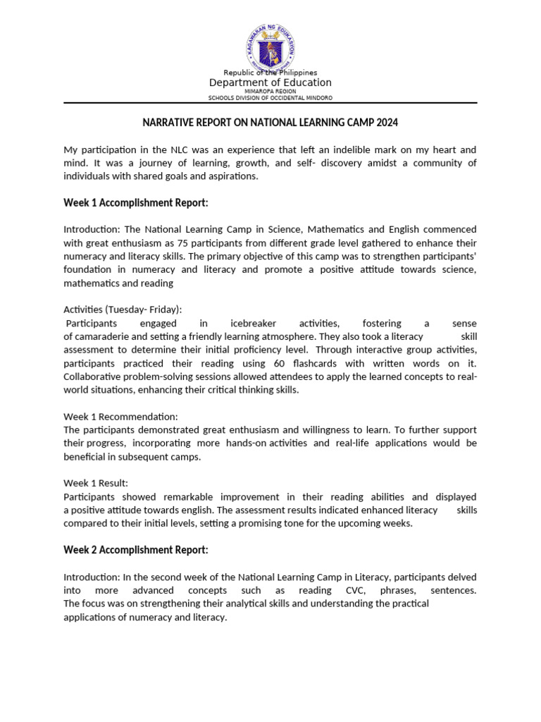 National Learning Camp 2024 Report | PDF | Literacy | Learning