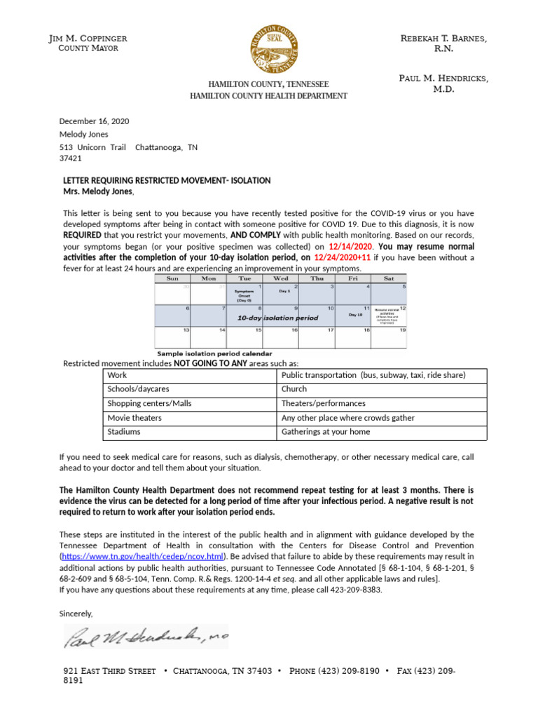 Letter For Restriction - Isolation-Revised 112320 | PDF | Diseases And ...