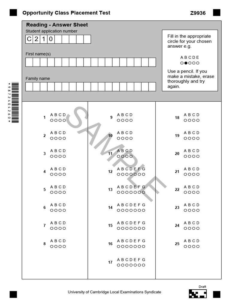 Reading Sample Answer Sheet | PDF