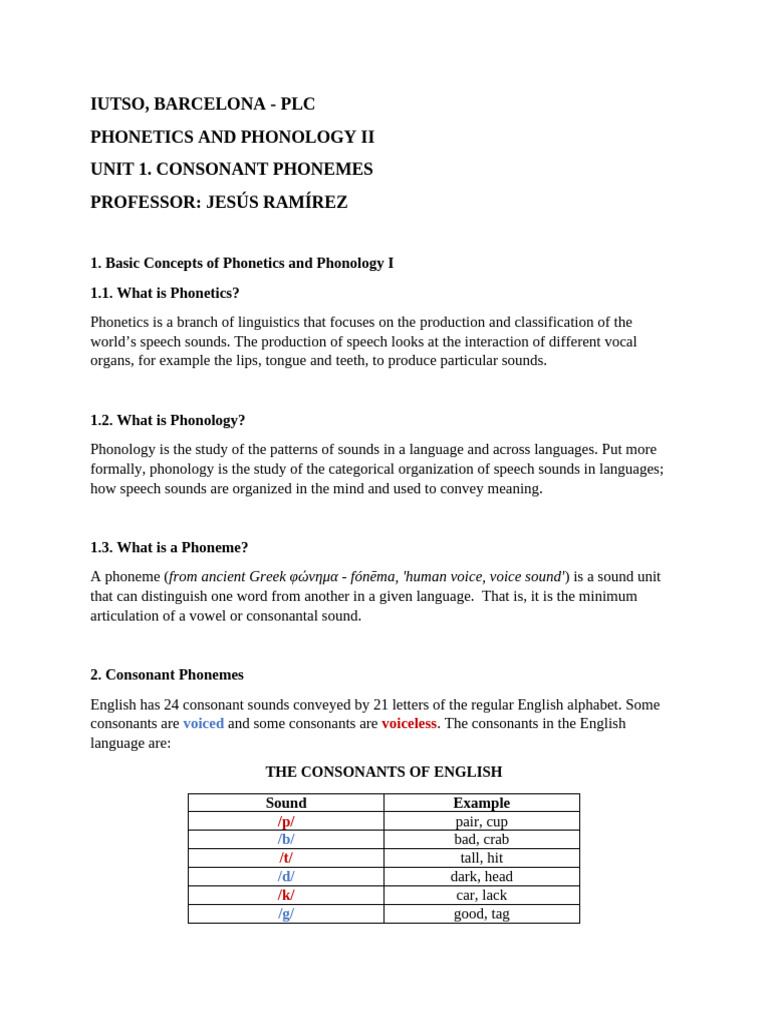 Unit 1. Consonant Phonemes | PDF | Consonant | Phonetics