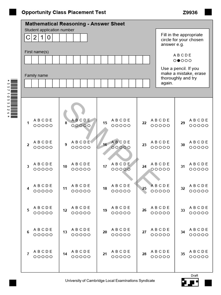Maths Sample Answer Sheet Pdf