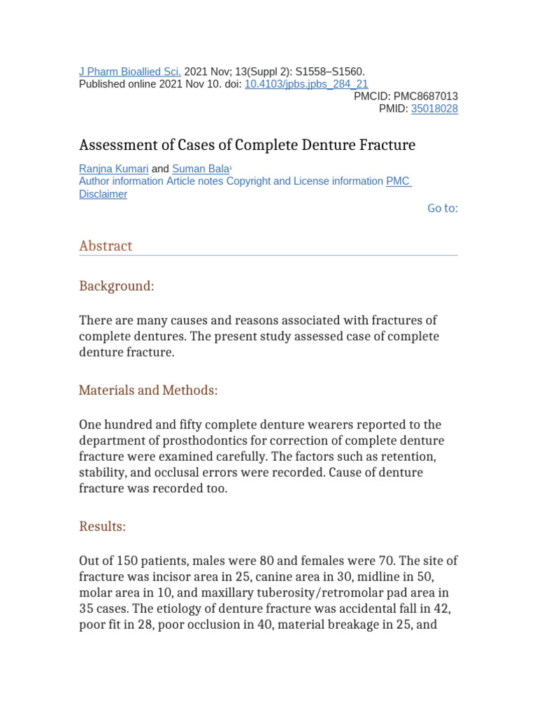 Assessment of Cases of Complete Denture Fracture | PDF | Dentures ...