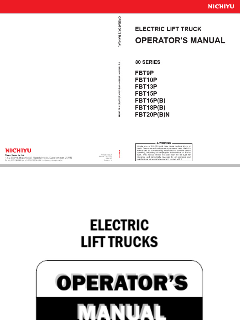 Nichiyu Electric Forklift FBT9P 10P 13P 15P 16PB 18PB 20PBN Operator's ...