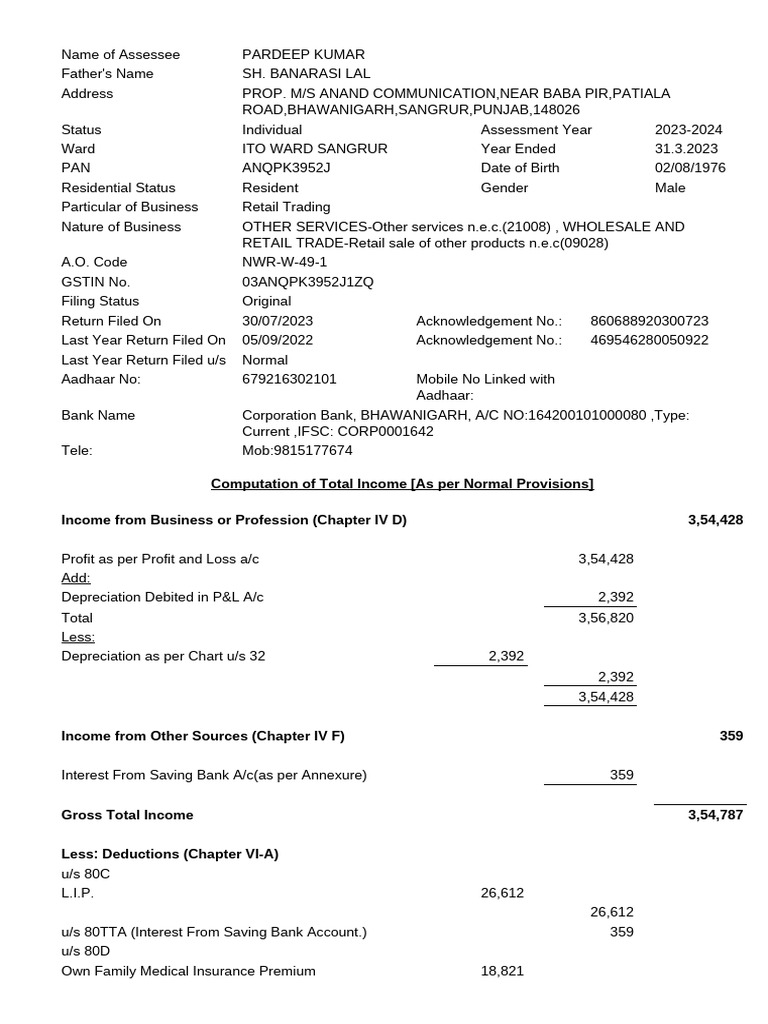 Computation of Total Income (As Per Normal Provisions) Income From ...
