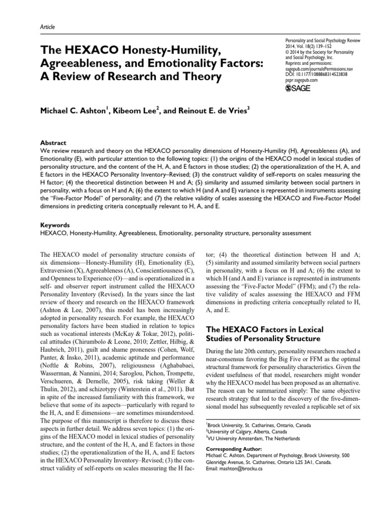 The HEXACO Honesty-Humility, Agreeableness, and Emotionality Factors: A ...
