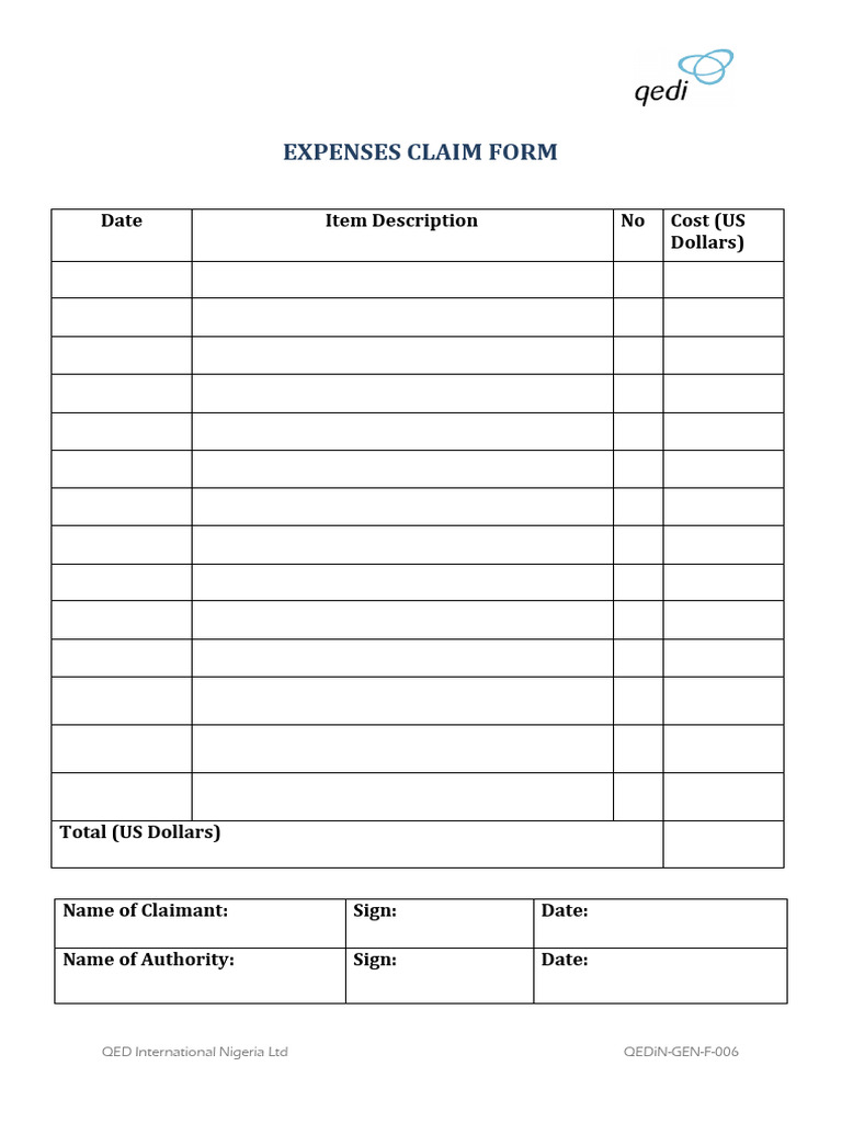 QED Expense Claim Form QEDiN GEN F 006 | PDF