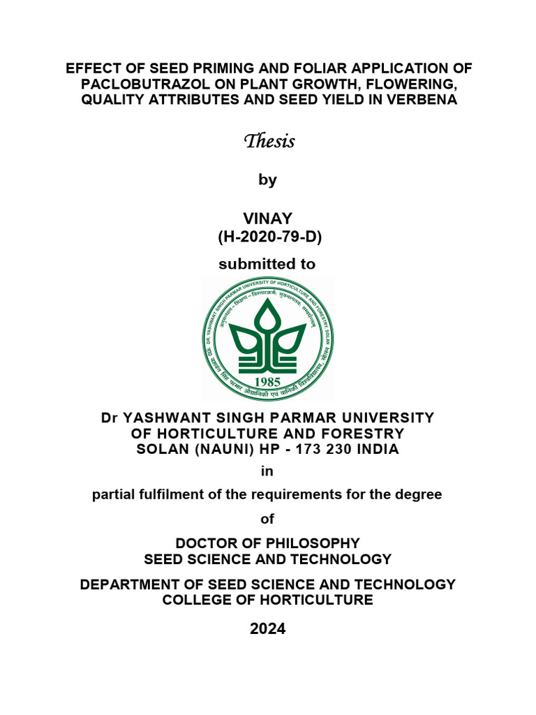 PDF VINAY (H-2020-79-D) Ph.D. THESIS SEED SCIENCE AND TECHNOLOGY 2024 | PDF | Seed | Germination