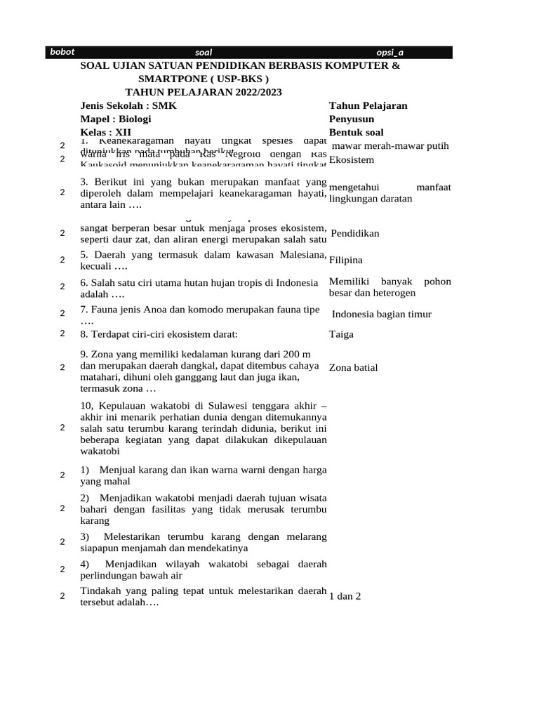 Soal - Uspbk - Biologi 2023-1 | PDF | Kesehatan Holistik | Sains & Matematika