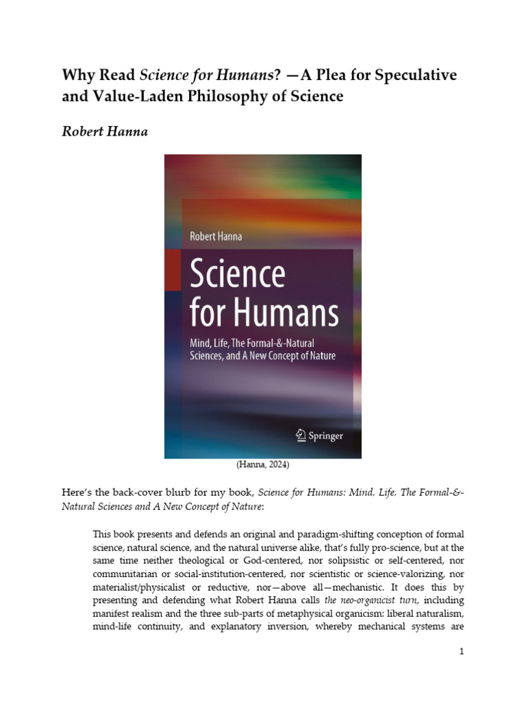 Hanna, R. (2024) Why Read "Science For Humans" - A Plea For Speculative An | PDF | Philosophy Of ...