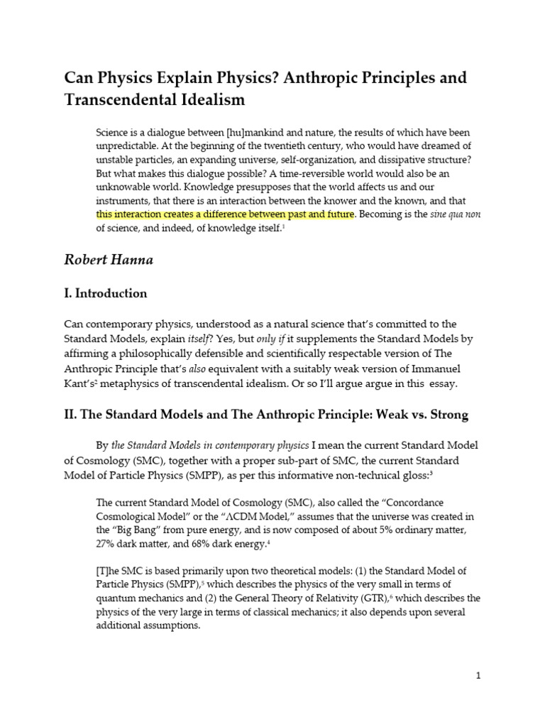 Hanna, R. (2020) Can Physics Explain Physics Anthropic Principles and Tra | PDF | Matter | A ...
