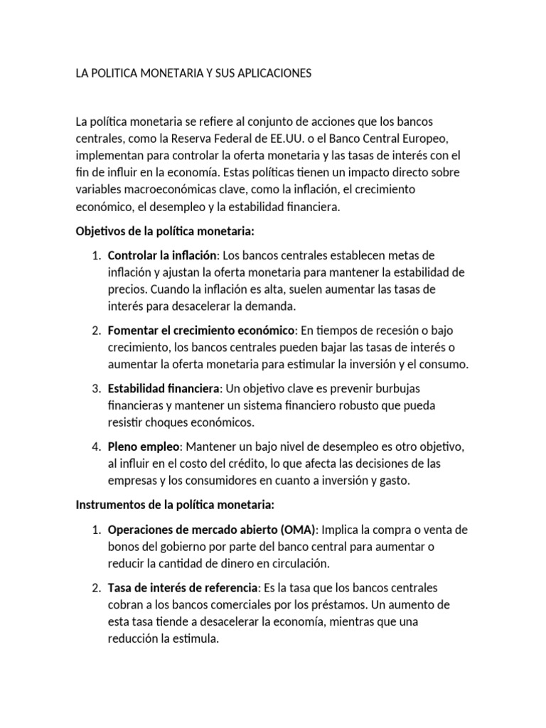 ND Politica Monetaria y Sus Aplicaciones | PDF | La política monetaria ...