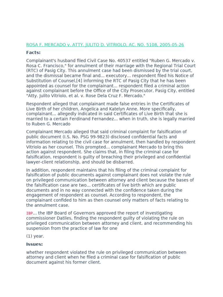 Rosa Mercado VS Atty Vitriolo | PDF | Lawyer | Complaint
