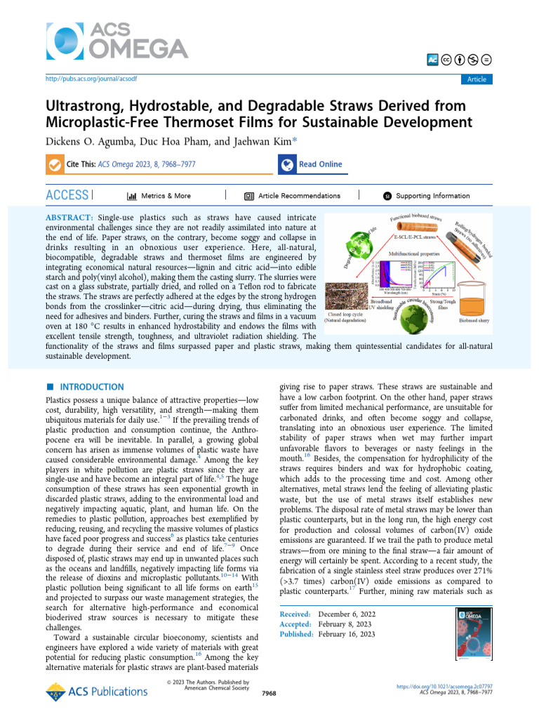 Agumba Et Al 2023 Ultrastrong Hydrostable and Degradable Straws Derived ...