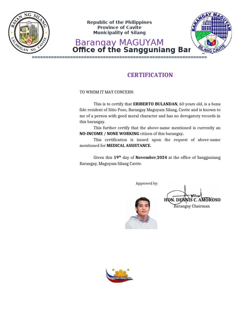 Barangay Maguyam Certification for Medical Aid | PDF