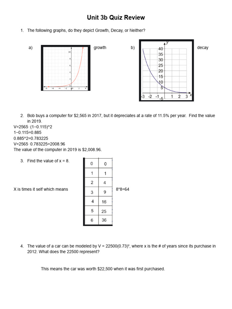 Unit 3b Growth and Decay Quiz Review | PDF