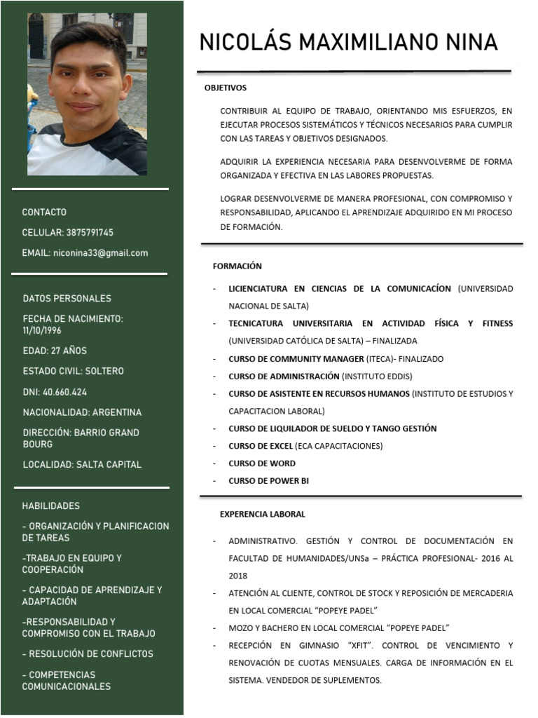 Currículum de Nicolás Maximiliano Nina | PDF | Crecimiento personal y profesional | Informática