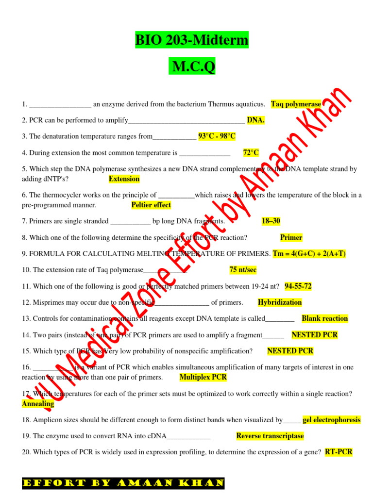 BIO 203 M.C.Q Midterm Amaan Khan | PDF | Polymerase Chain Reaction | Primer (Molecular Biology)