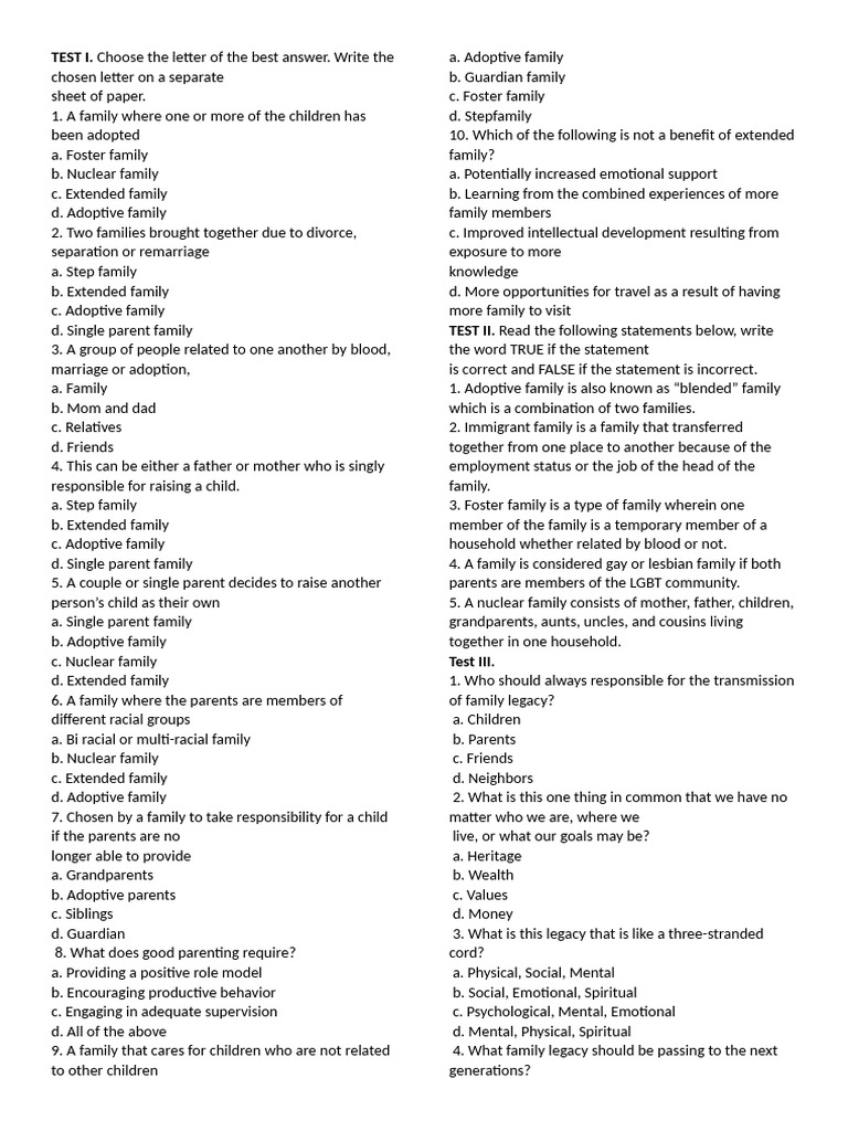 Family Structures Long Quiz | PDF | Family | Parent