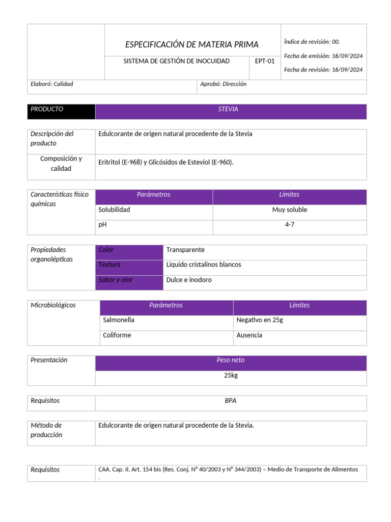 Especificaciones de Stevia | PDF