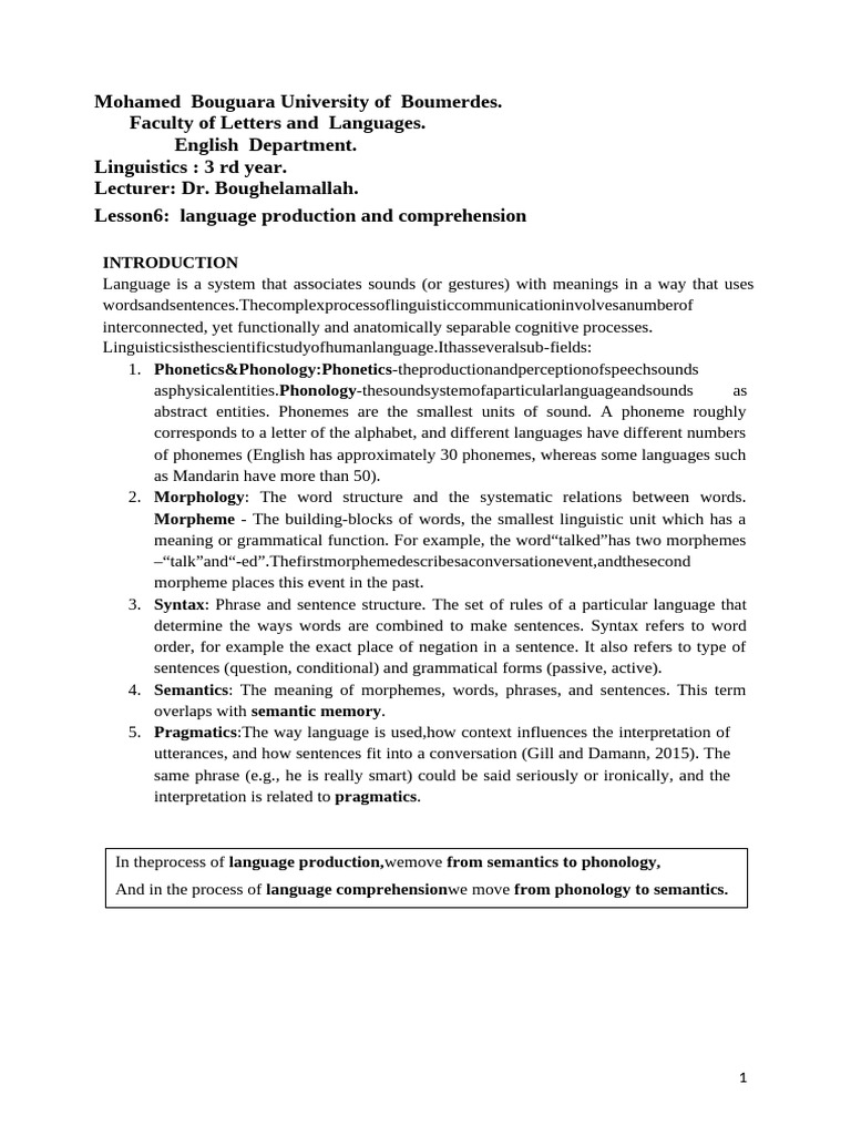 Lecture 8 Language Production and Comprehension. | PDF | Speech | Word