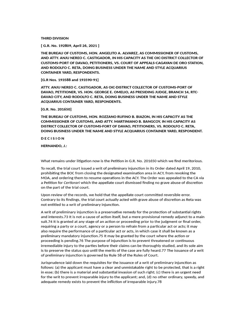 Customs Injunction Case Review | PDF | Injunction | Certiorari