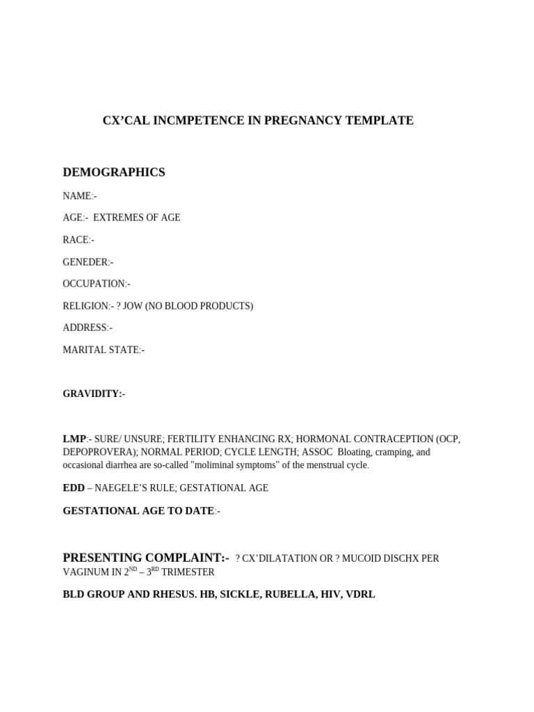 CX Incompetence HX Template | PDF | Pregnancy | Childbirth